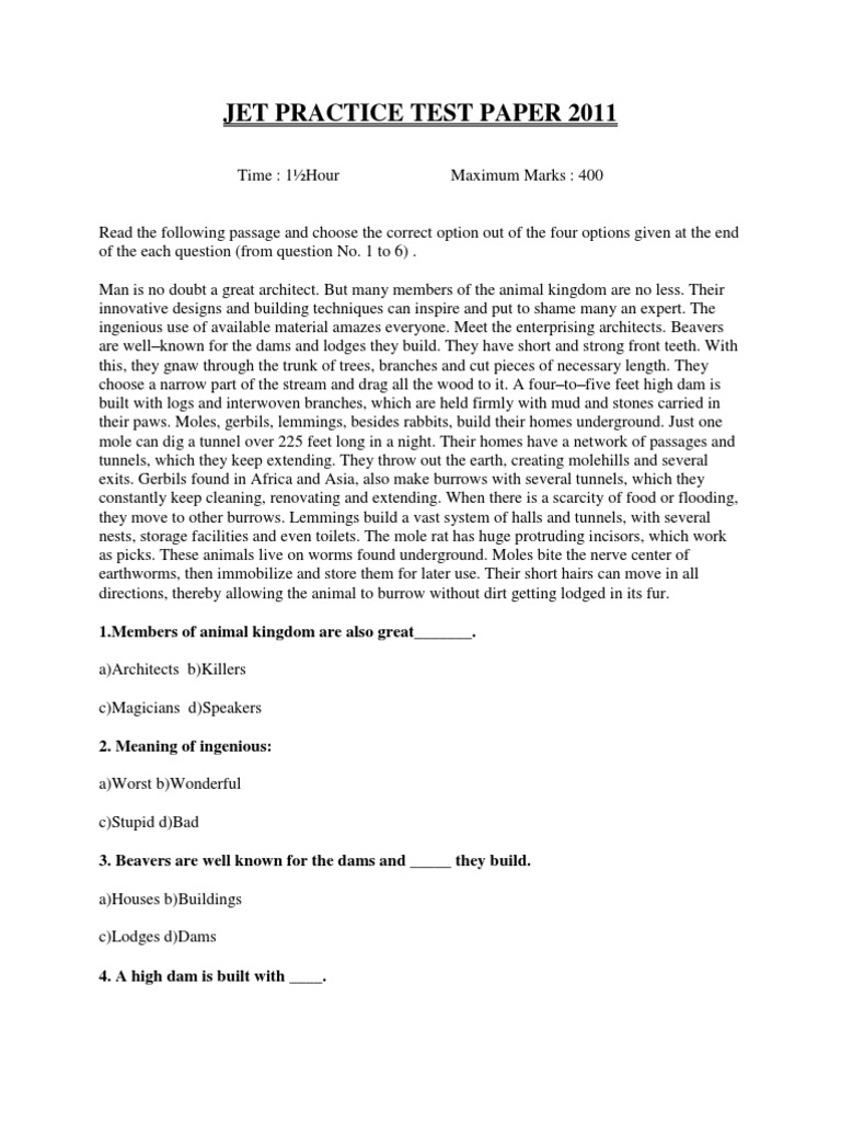 Jet Practice Test Paper 2011: 1.members of Animal Kingdom Are Also ...