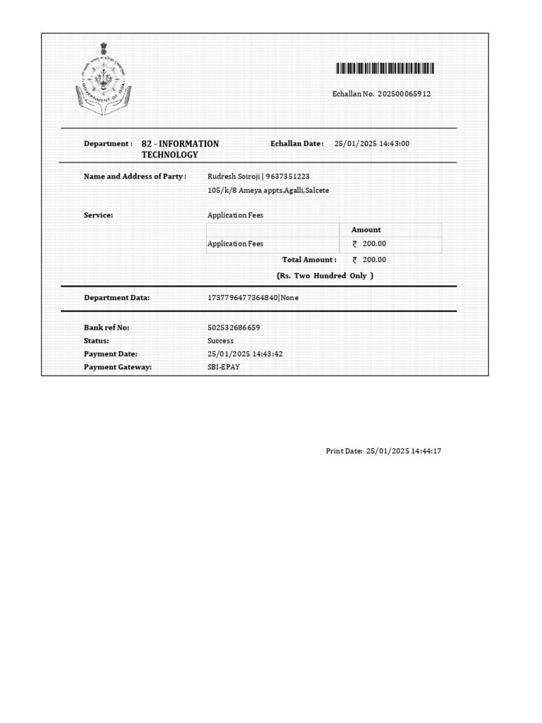 Goa Directorate of Accounts e-Receipt | PDF