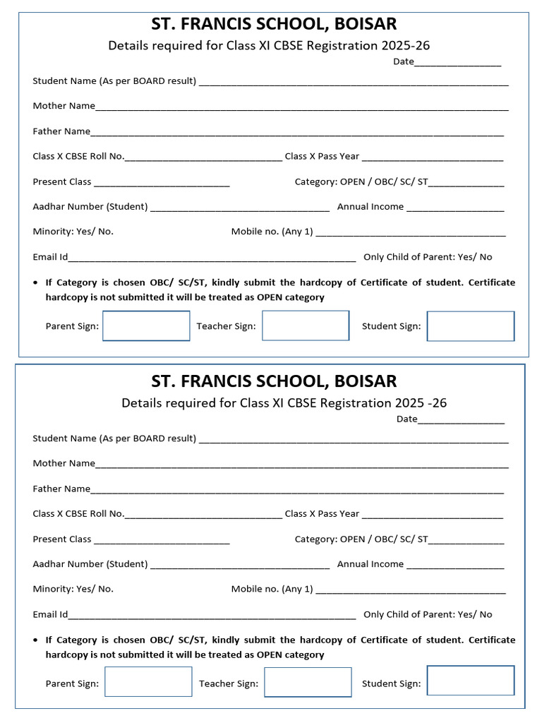 Class XI CBSE Registration Form 2025-26 | PDF