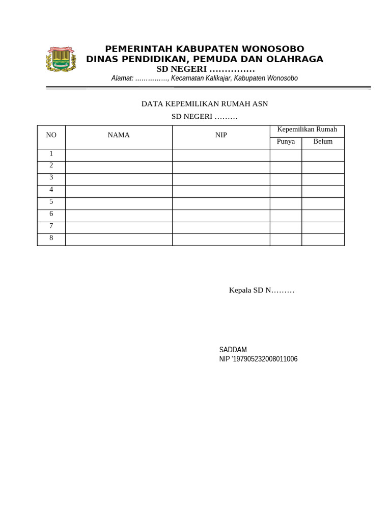 Data Kepemilikan Rumah ASN SD Negeri Wonosobo | PDF