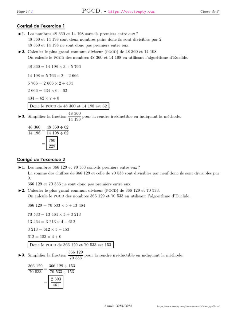 Exercice PGCD 3eme 8 Corrige | PDF | Multiplication | Arithmétique