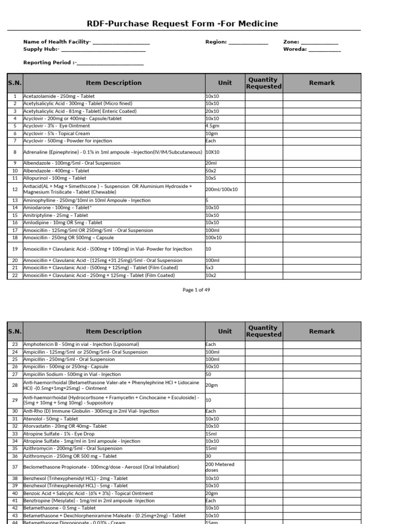 RDF Purchase Request Form Health Facility, December 31, 2018 | PDF ...