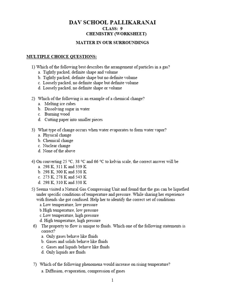 CH 1 Matter in Our Surroundings Worksheet Chemistry | PDF | Gases ...