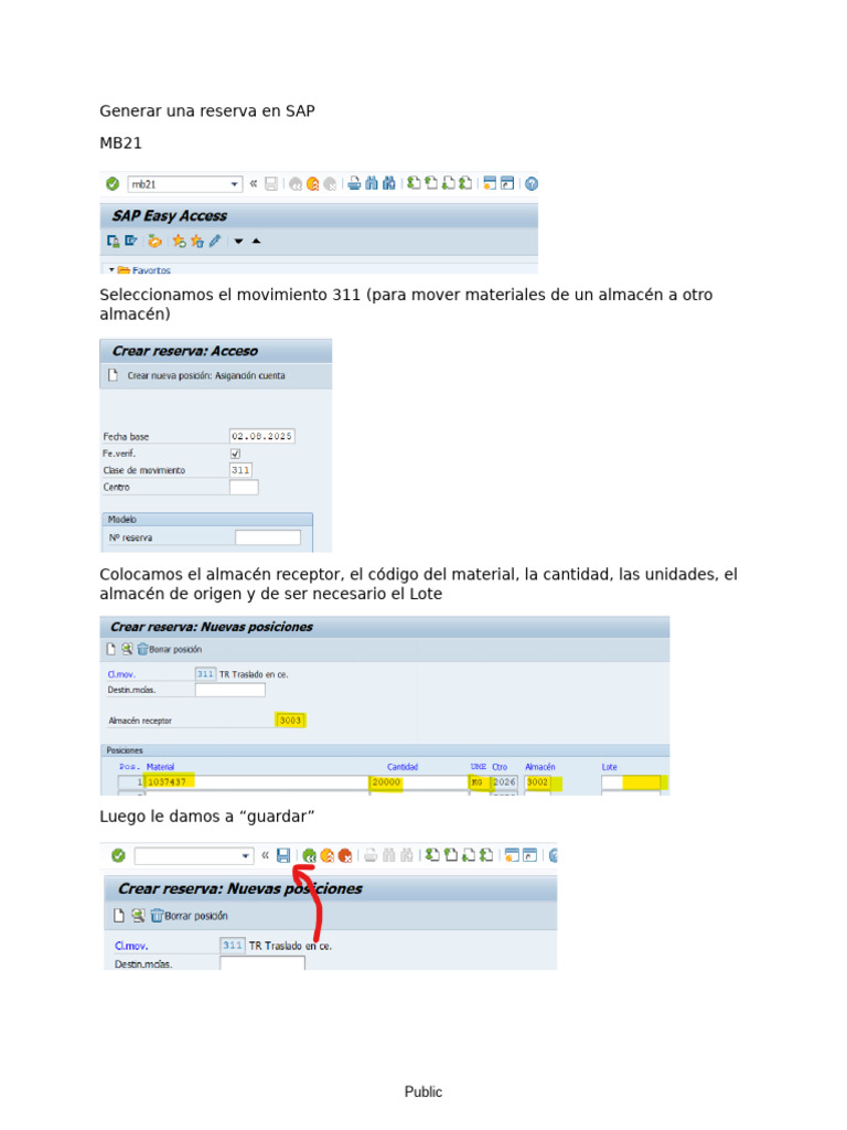 Crear Reserva en SAP con Movimiento 311 | PDF