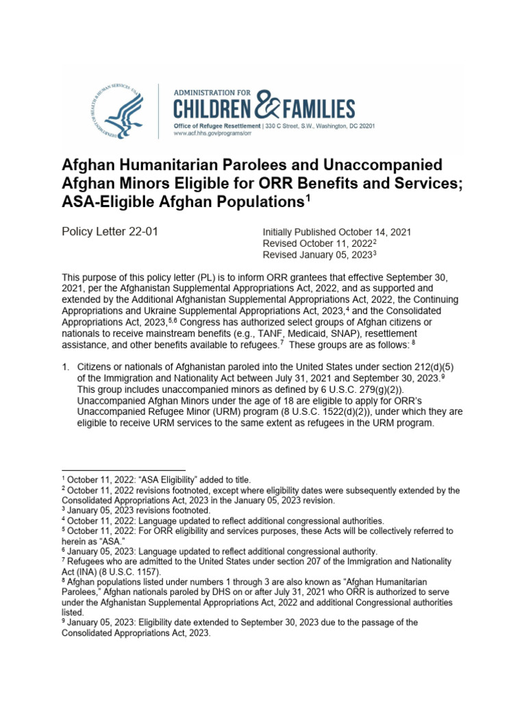Afghan Humanitarian Parolee Benefits | PDF | Immigration Law | Human ...