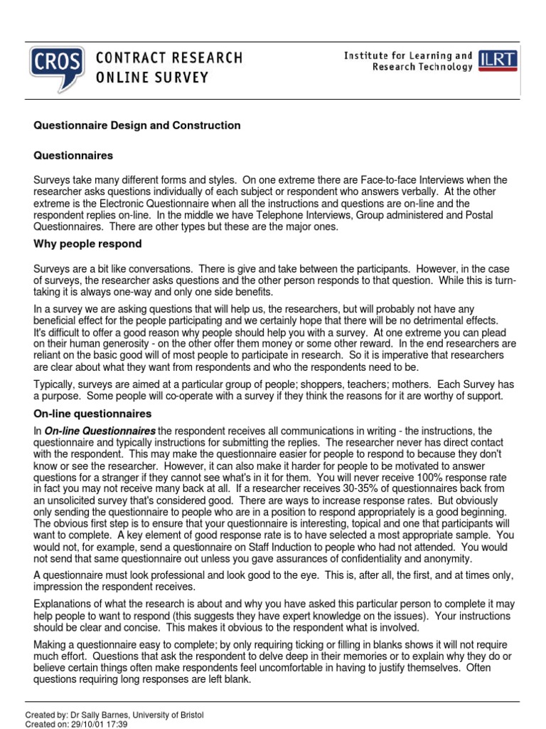 Questionnaire Design and Construction Questionnaires | PDF | Survey ...