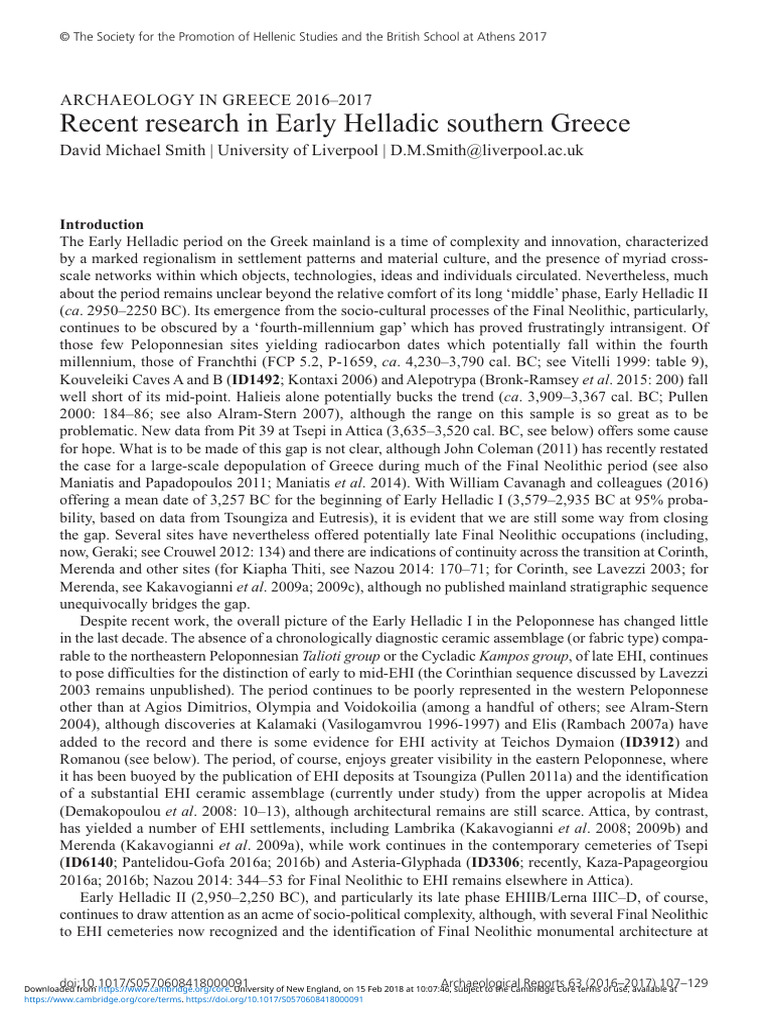 Smith D., Recent Research in Early Helladic Southern Greece | PDF