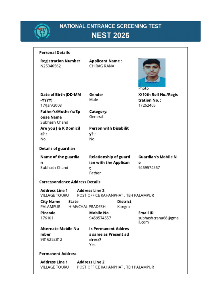 NEST Application Form 2025 | PDF
