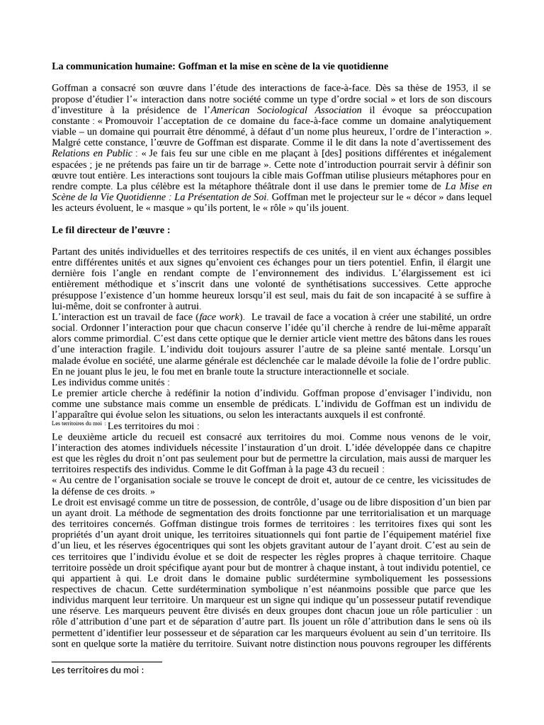 Goffman : Interaction et territoires sociaux | PDF