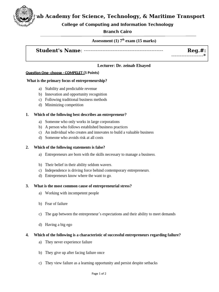 7th Exam 2025 Dr.zeinab - Entrepreneurship Skills | PDF | Entrepreneurship | Psychology