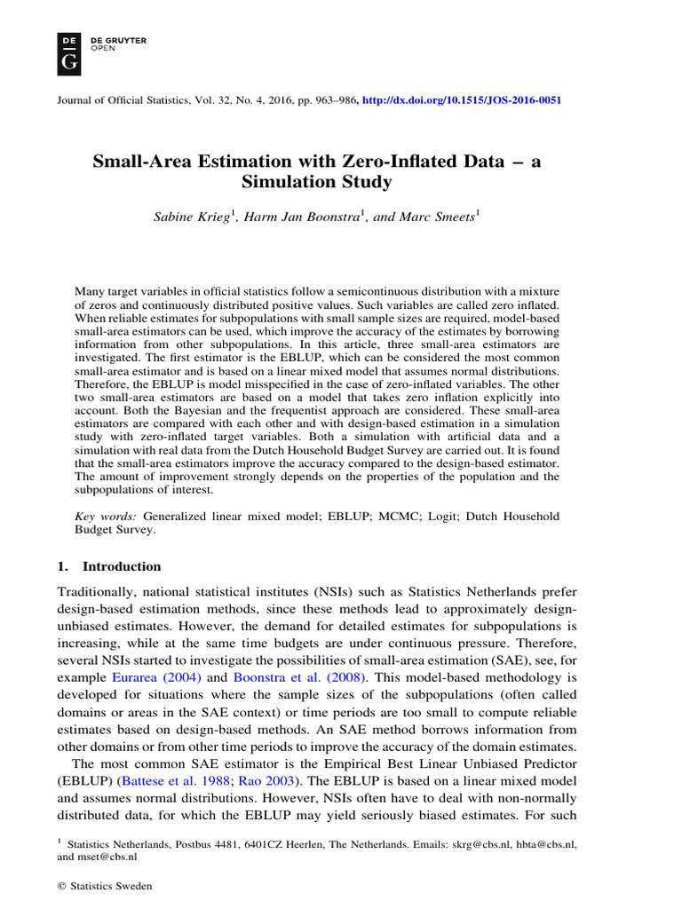 Krieg Et Al 2016 Small Area Estimation With Zero Inflated Data A Simulation Study | PDF ...