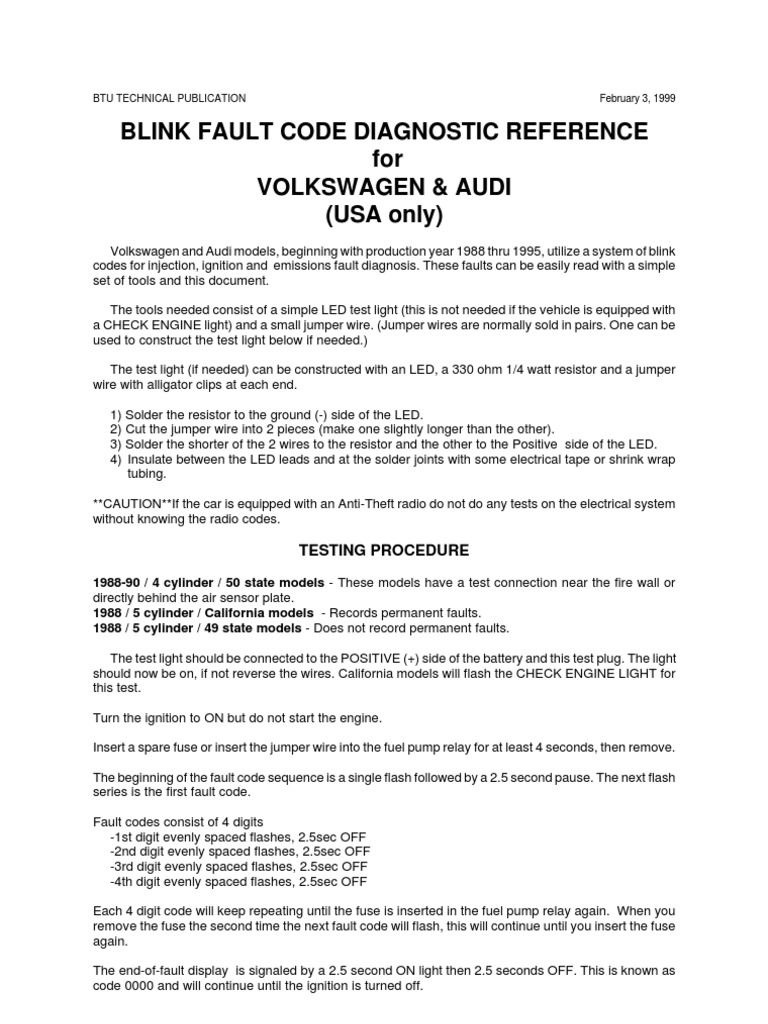 Blink Fault Code Diagnostic Reference For Volkswagen & Audi (USA Only ...