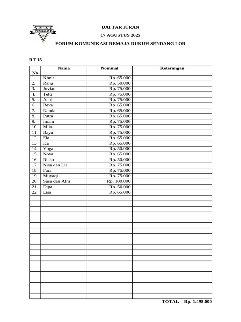 Daftar Iuran 17 Agustus 2025-1 | PDF