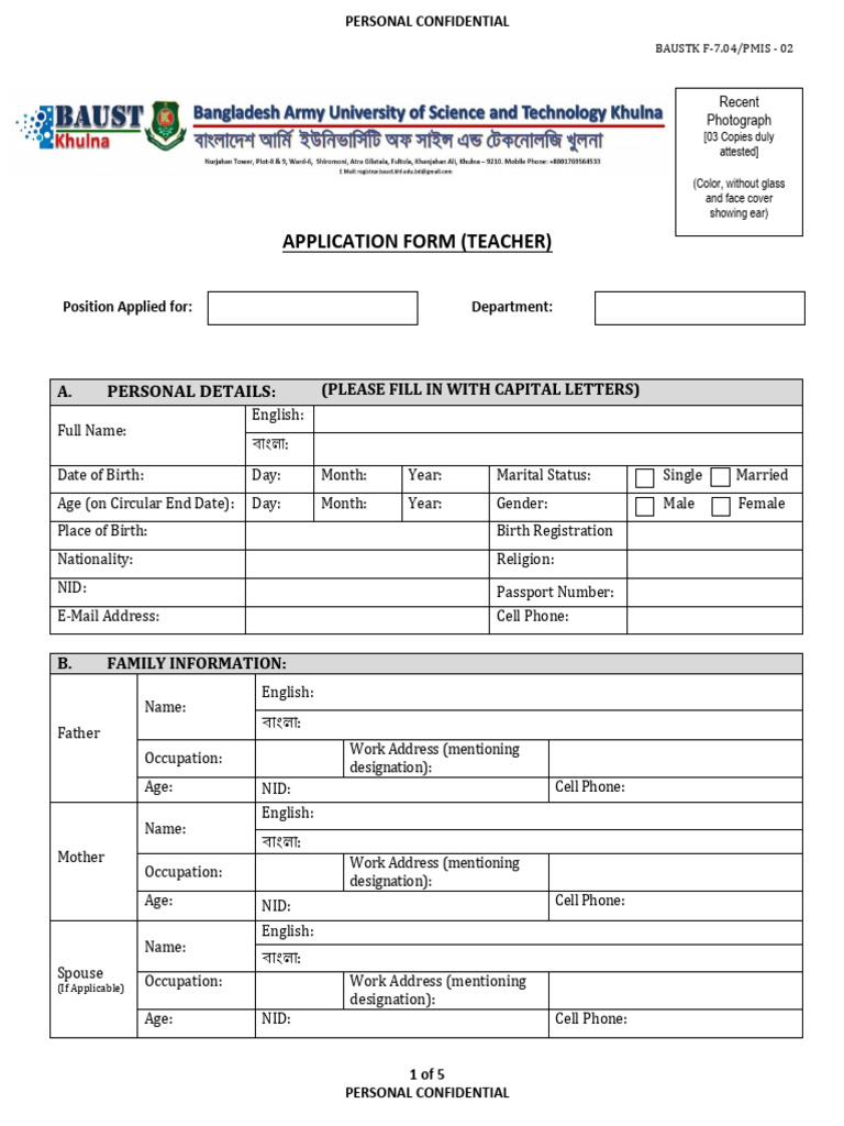 BAUST-Khulna_Application-Form_Teacher_PMIS-02_Apr-2024-2 | PDF