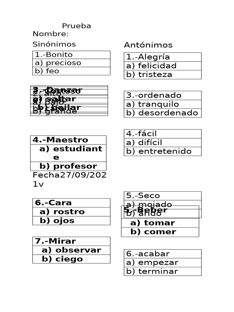 Prueba de Sinónimos y Antónimos 1°básico 27 Sept. | PDF