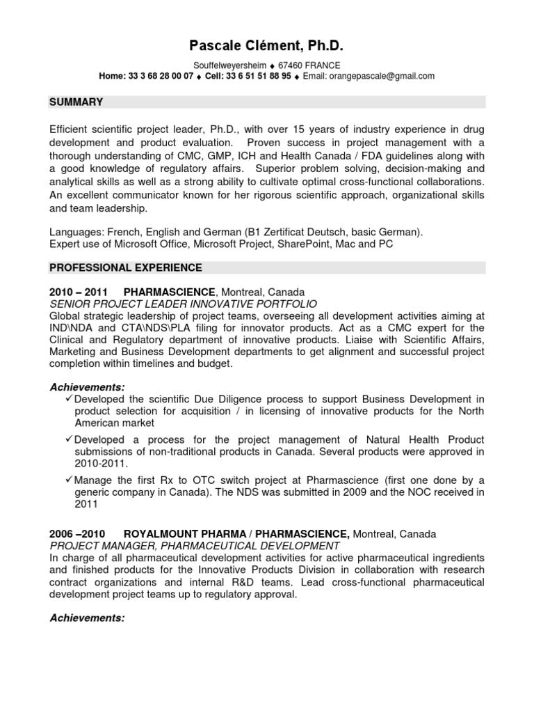 Director Project Management Pharmaceuticals in Strasbourg France CV ...