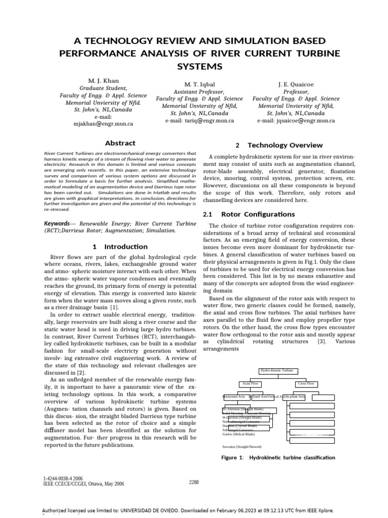 A Technology Review and Simulation Based Performance Analysis of River Current Turbine Systems ...