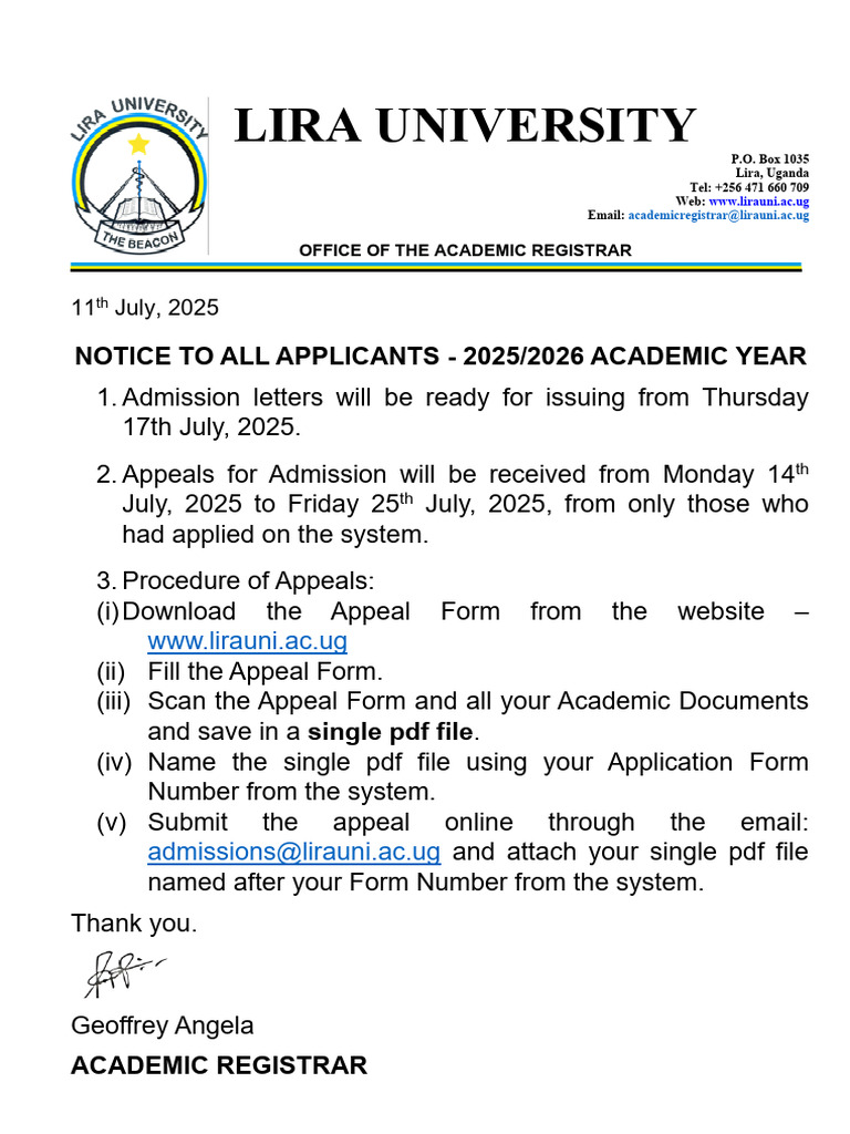 Lira University Admission Appeals 2025 | PDF