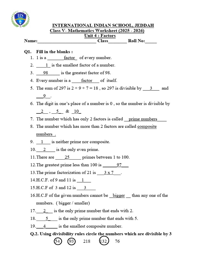 Math Class V Unit - 4 Factors Answer | PDF | Prime Number | Numbers