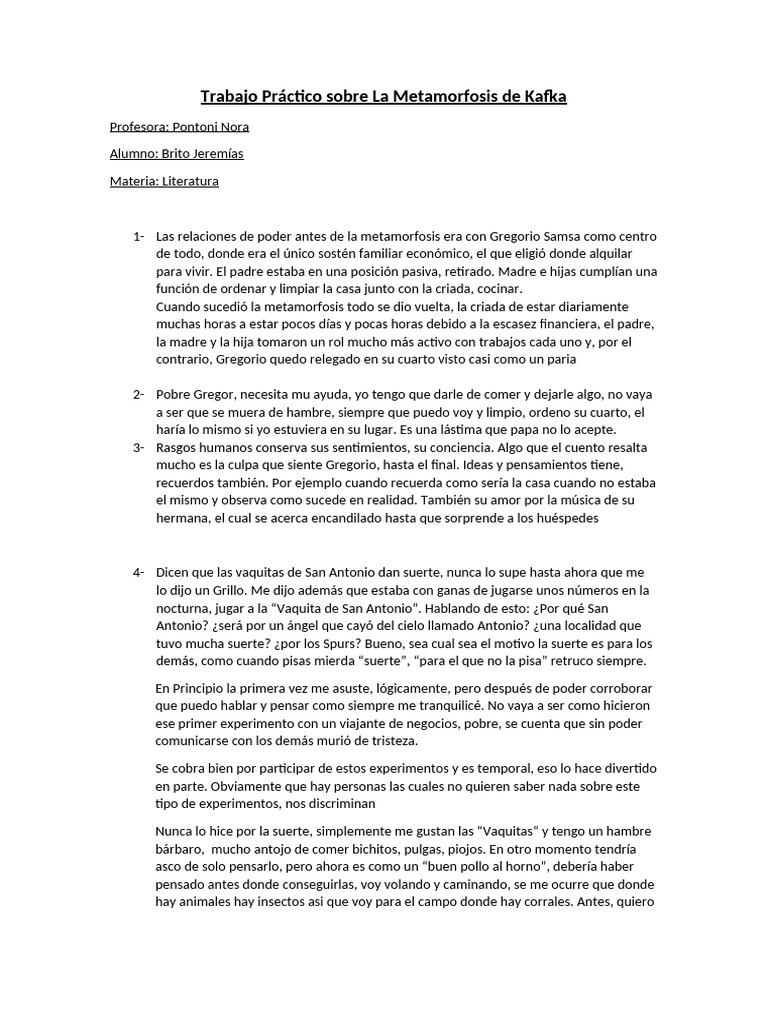 Trabajo Práctico Sobre La Metamorfosis de Kafka | PDF | La metamorfosis