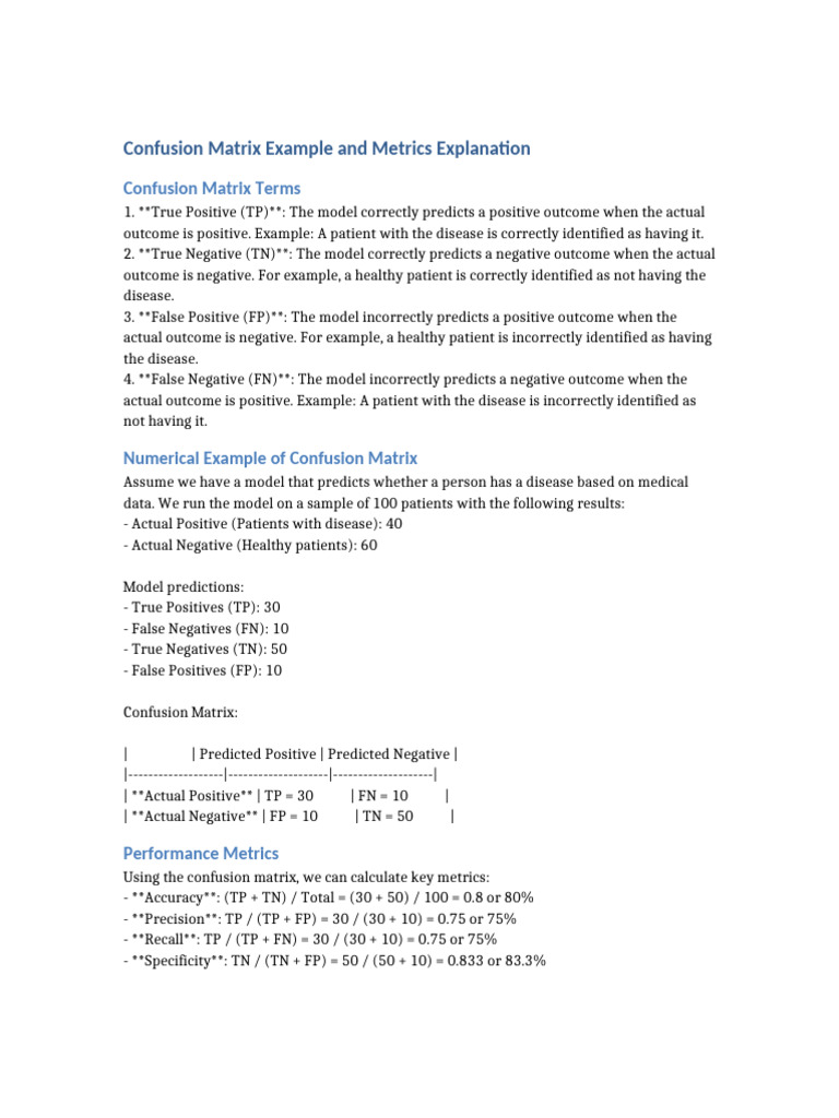 Confusion Matrix Example and Metrics Explanation | PDF