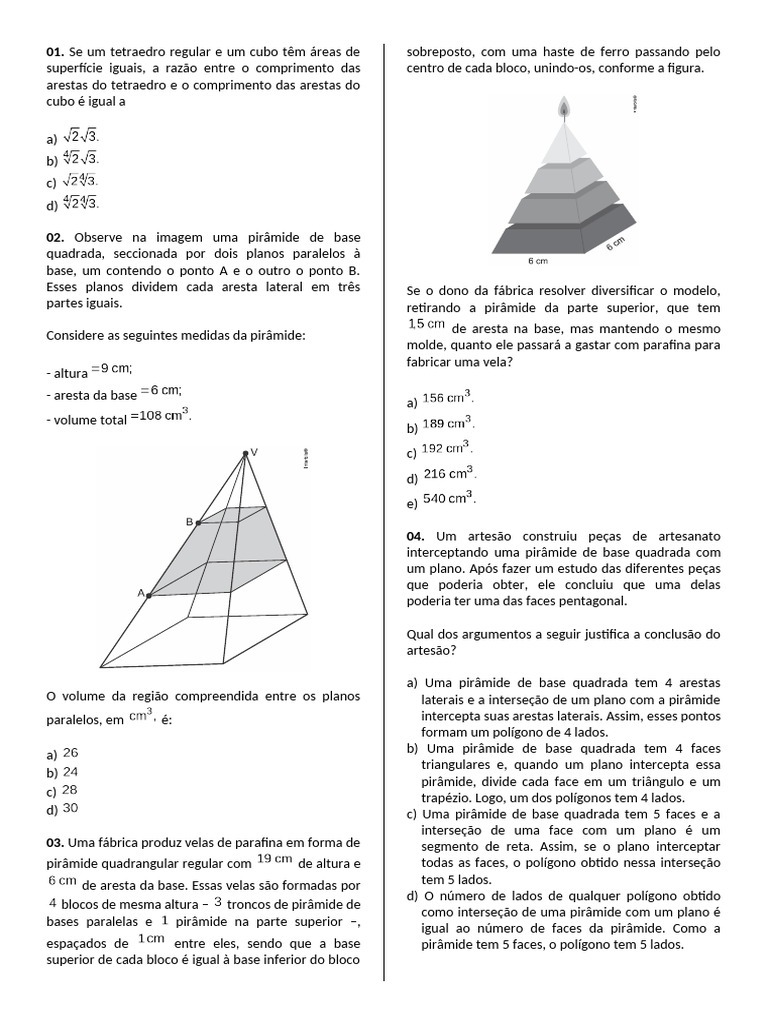 Cálculos de Volume e Área em Pirâmides | PDF | Triângulo | Tetraedro