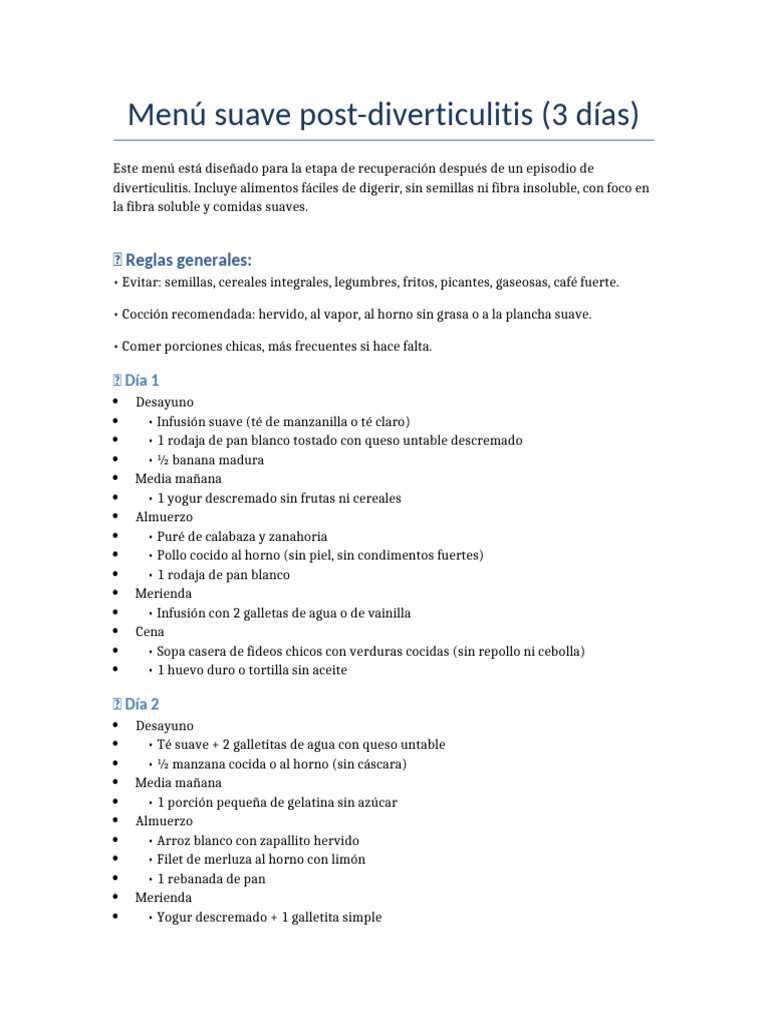 Menú Suave para Recuperación Post-Diverticulitis | PDF