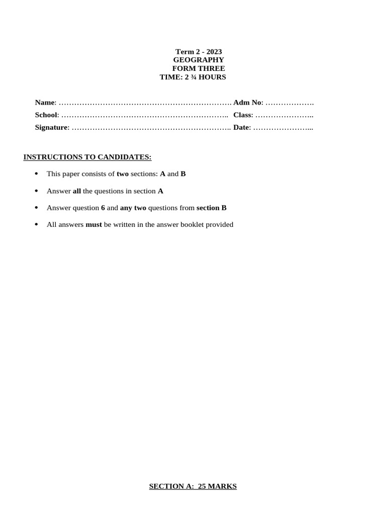 2023 Geography f3 Qs t2 Exam Teacher - Co .Ke | PDF | Coast | Applied ...