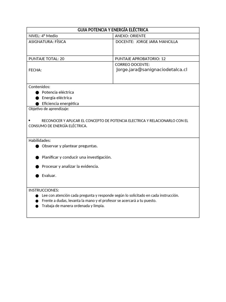 Gui?a Potencia y Energi?a Ele?Ctrica | PDF | Corriente eléctrica | Poder (Física)