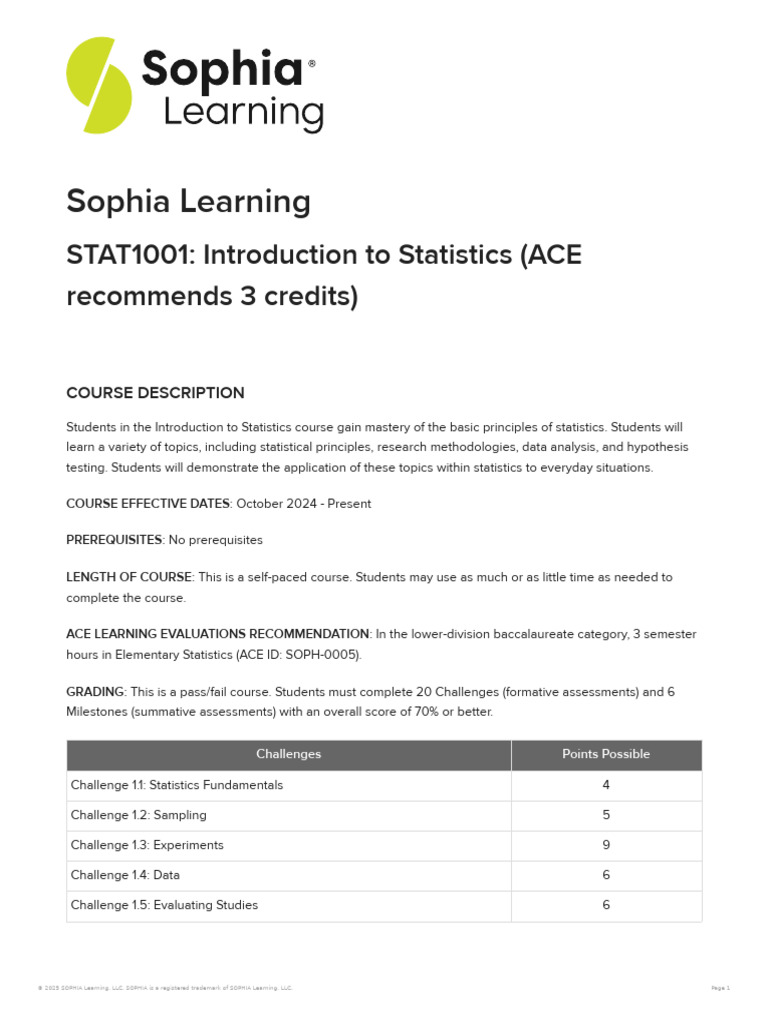 Sophia Introduction To Statistics Syllabus | PDF | Statistics | Student ...