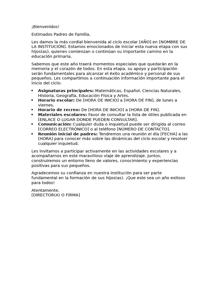 Ejemplo de Carta de Bienvenida A Padres de Familia de Primaria WORD | PDF