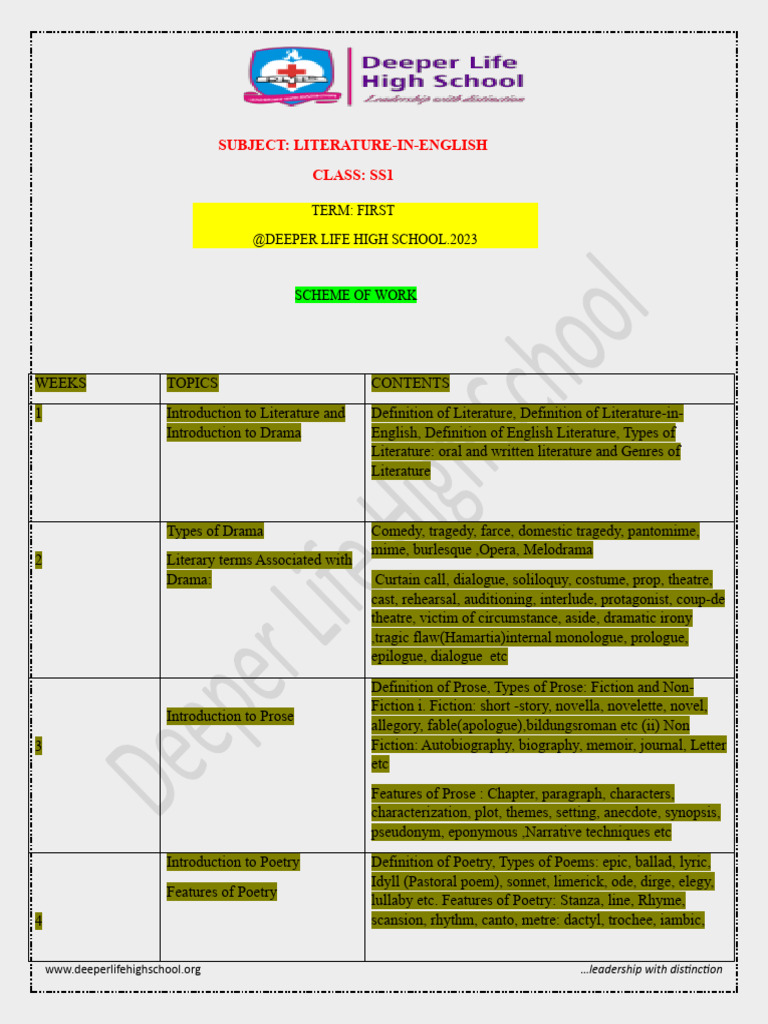 SS1 Literature Scheme of Work | PDF | Narrative | Poetry