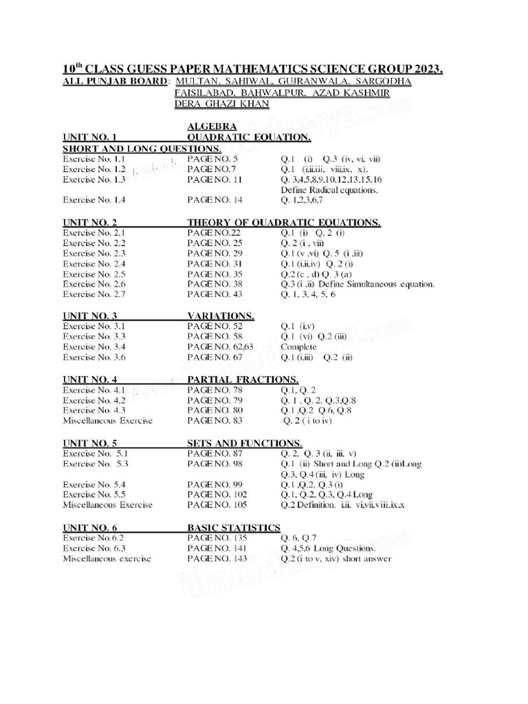 10th Maths (Science) Guess Papers 2023. | PDF