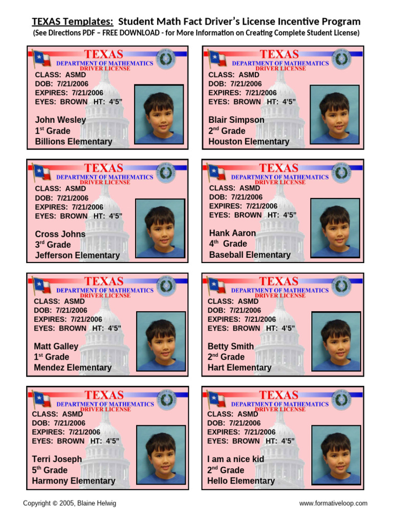 TEXAS Templates: Student Math Fact Driver's License Incentive Program | PDF