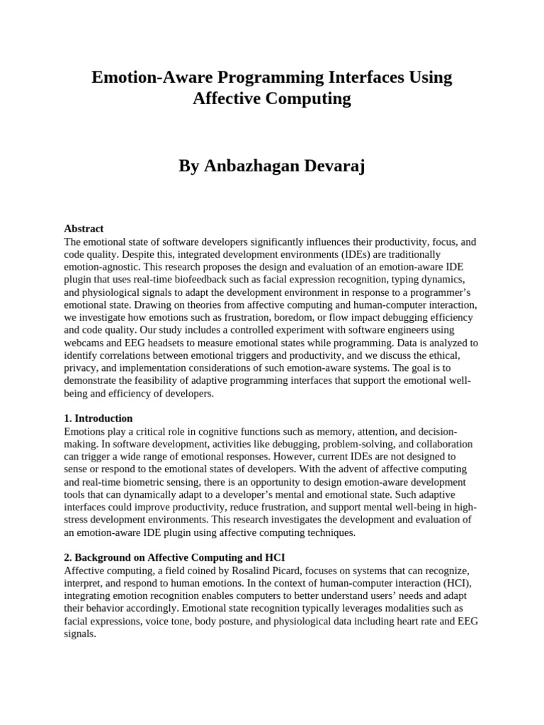 Emotion-Aware Programming Interfaces Using Affective Computing | PDF | Emotions | Integrated ...