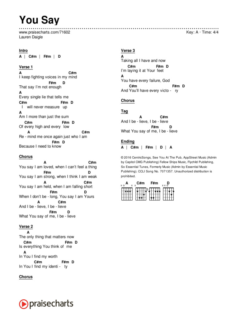 You Say - Lauren Daigle Chords | PDF | Sound Recording | Popular Music