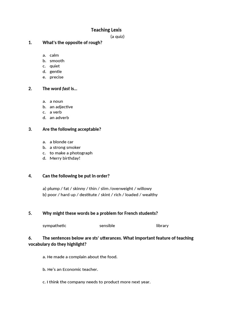Teaching Lexis Quiz HO 1 | PDF