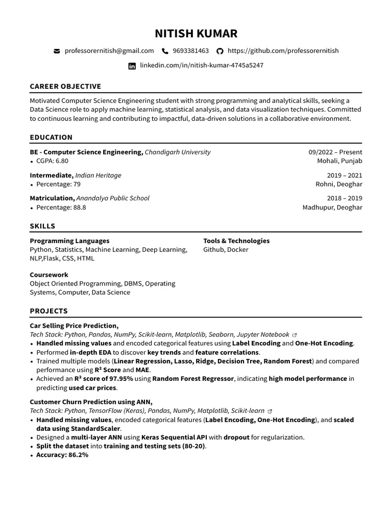 Nitish Kumar Flowcv Resume 20250731 | PDF | Machine Learning | Regression Analysis
