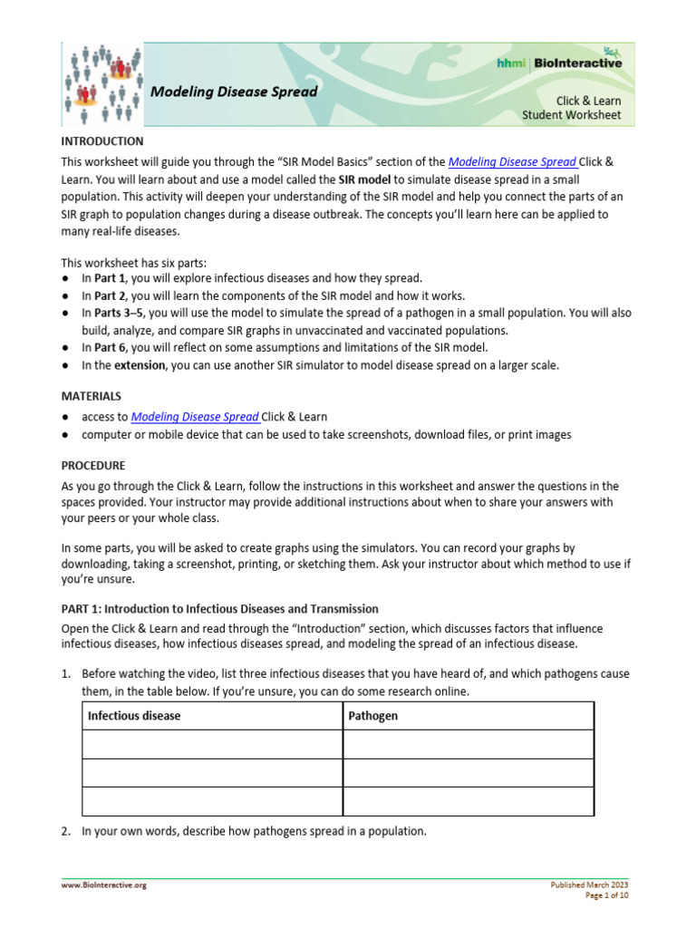 SIR Model Disease Spread Worksheet | PDF | Epidemics | Infection