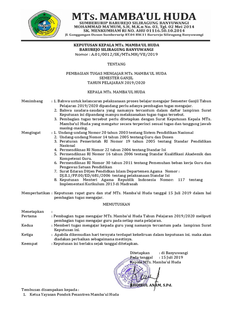 SK Tugas Mengajar 2019 2020 | PDF