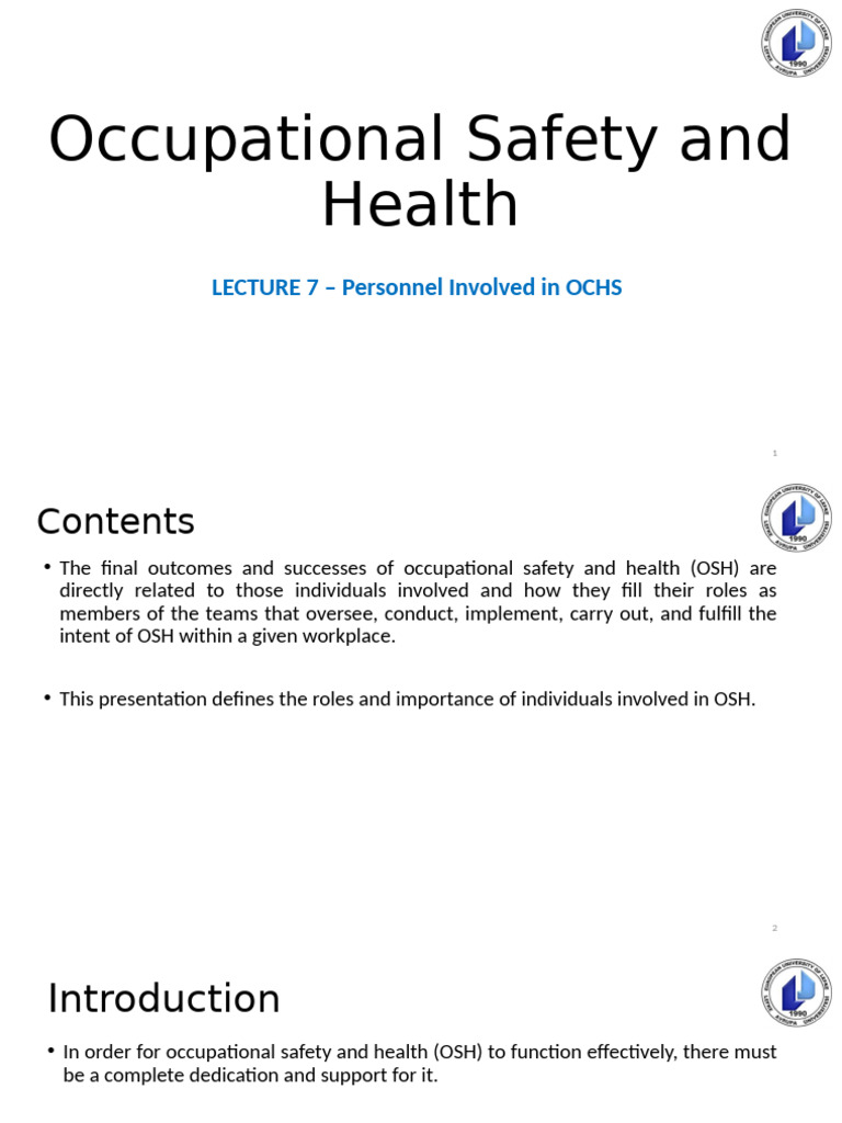 Week 6 - Lecture 7 - Personnel Involved in OCHS | PDF | Occupational ...