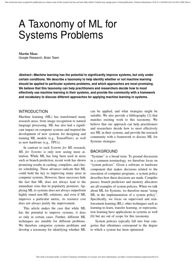 A Taxonomy of ML for Systems Problems | PDF | Machine Learning ...
