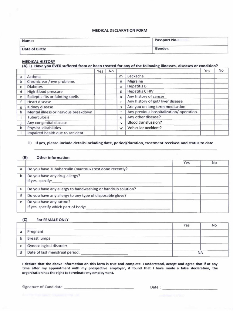 FSL Medical Declaration Form | PDF | Mental Disorder | Hepatitis