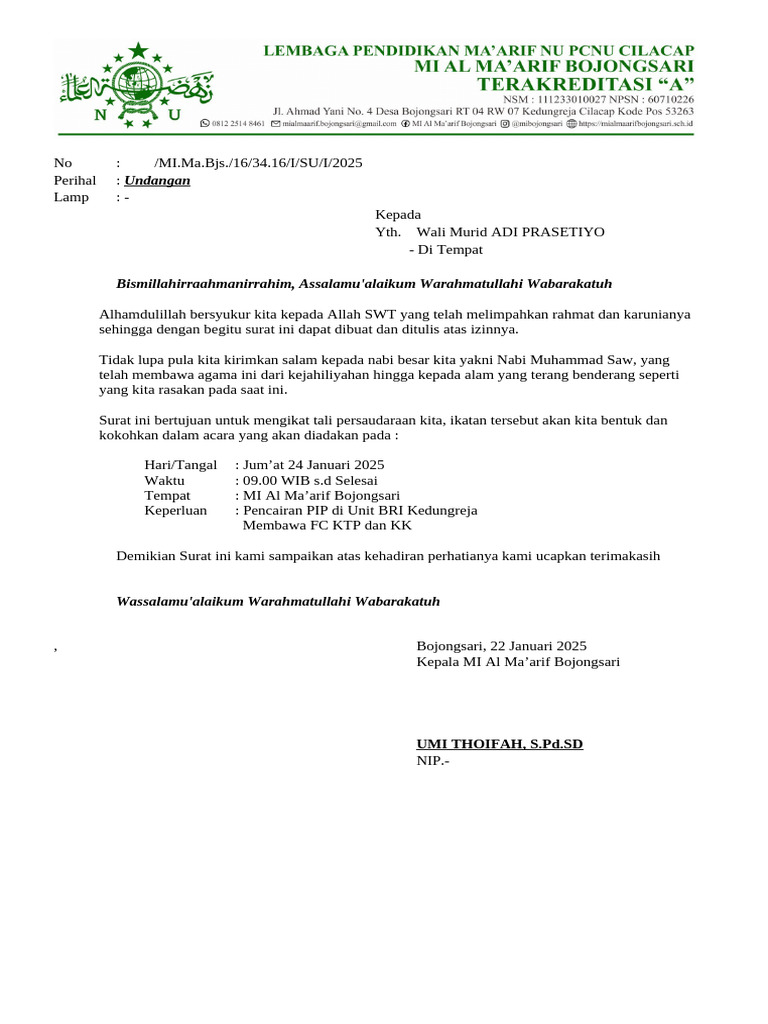 Surat Undangan PIP Adi Prasetyo | PDF