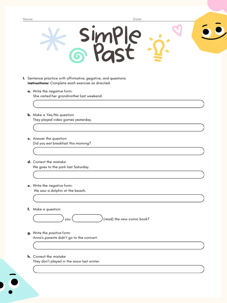 Simple Past Grammar Worksheet in Colorful Playful Style | PDF