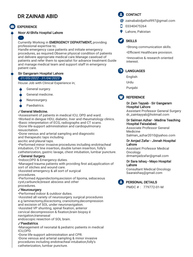 DR Zainab Abid CV Neww | PDF | Neurosurgery | Cardiopulmonary Resuscitation