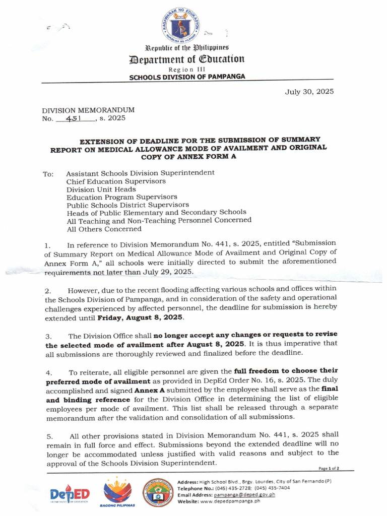 DIVISION MEMORANDUM NO. 451 S. 2025 EXTENSION OF DEADLINE FOR THE ...