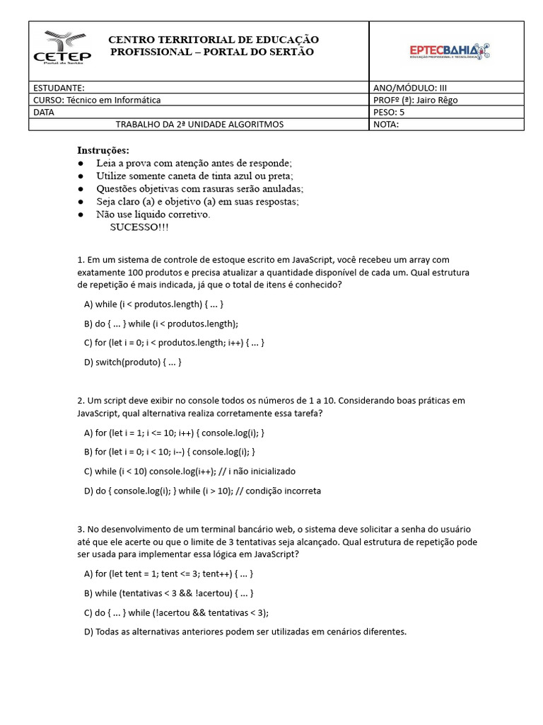 Atividade Algoritmo - Ii Unid - Info Mod Iii 2025.1 | PDF | Script Java ...