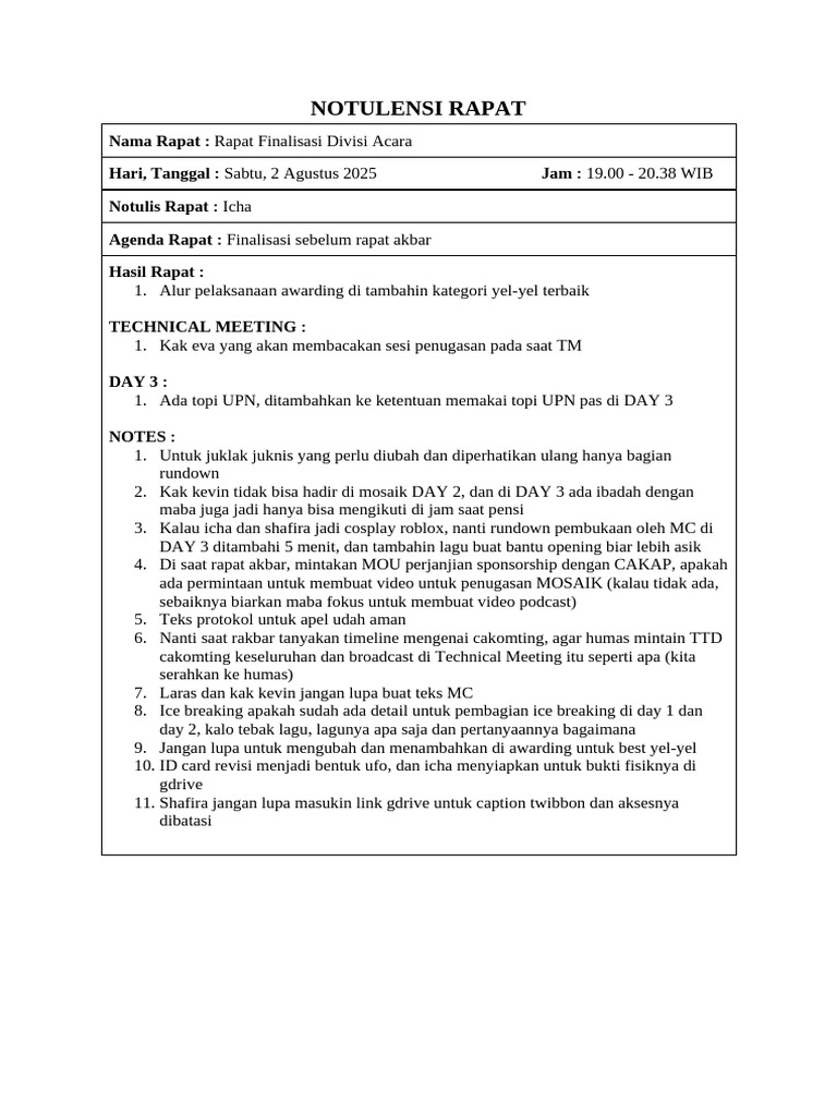 Notulensi Rapat Finalisasi | PDF