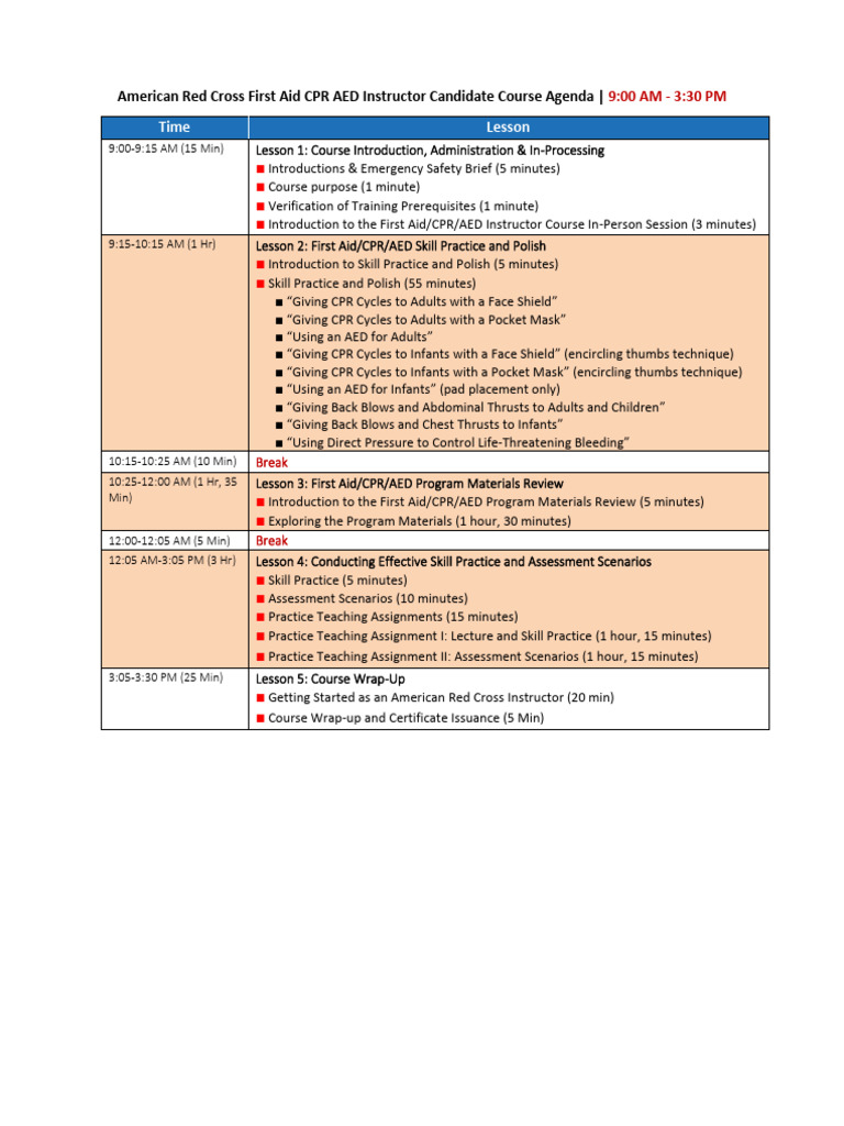 First Aid CPR AED Instructor Course Agenda | PDF | First Aid ...